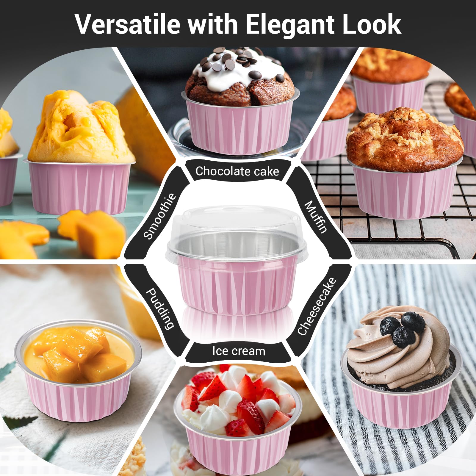 EUSOAR Foil Baking Cups, 50pcs 5oz 125ml Muffin Liners Cups with Lids, Aluminum Cupcake liners, Disposable Foil Ramekins Pans, Cupcake Baking Cups, Aluminum Foil Cupcake Holders Liners