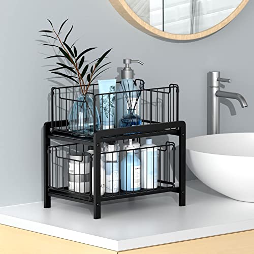 2 Tier Under Sink Organzier, NPPLUS Iron Under Sink Cabinet Organizers With Sliding Drawer, Pull-Out Home Organizer For Bathroom, Kitchen - Black