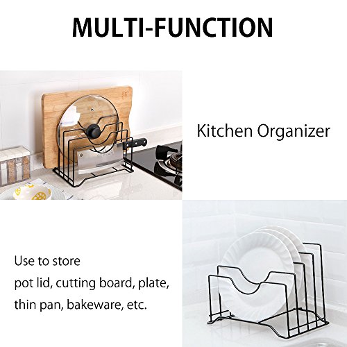 Stainless Iron Cutting Board Holder, Cutting Board Storage Organizer , Pot Lid Rack Organizer Kitchen Cabinet Rack Storage with 4 Sectional (Black)
