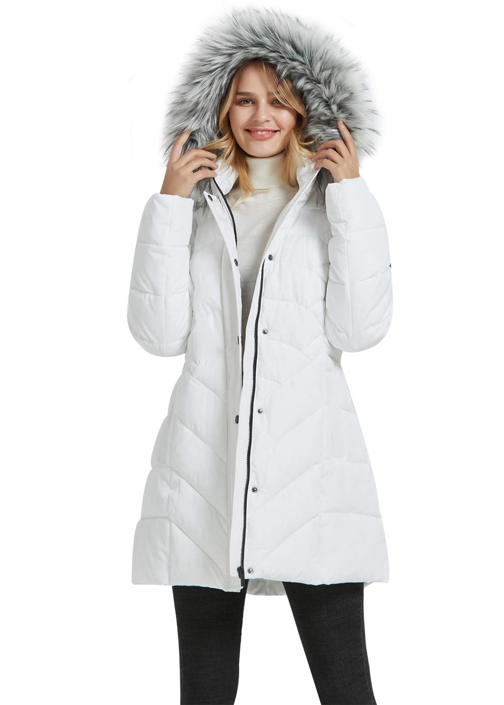 BINACL Long Hooded Down Alternative Overcoat, Sports Thermal Zip Up Thickened Jacket with Fur Trim Puffer 100% Polyester Weathered Motorcycle Softshell Cotton Padding Jacket for Girlfriend(White,M)
