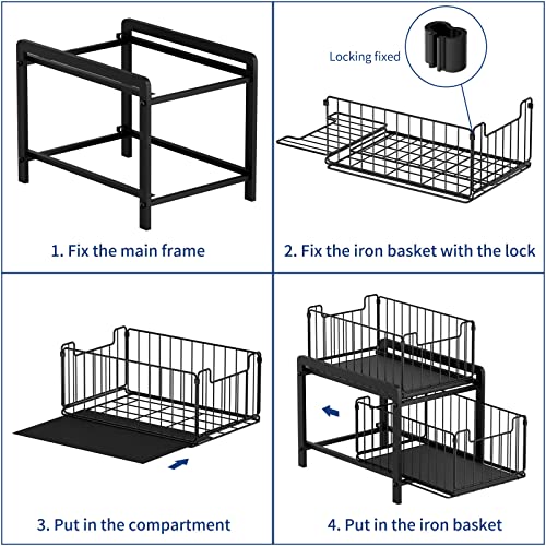 2 Tier Under Sink Organzier, NPPLUS Iron Under Sink Cabinet Organizers With Sliding Drawer, Pull-Out Home Organizer For Bathroom, Kitchen - Black