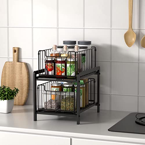 2 Tier Under Sink Organzier, NPPLUS Iron Under Sink Cabinet Organizers With Sliding Drawer, Pull-Out Home Organizer For Bathroom, Kitchen - Black