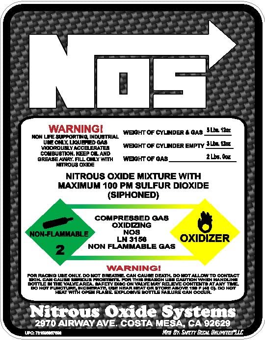 Safety Decal Unlimited Nitrous Oxide 2LB NOS Bottle Replacement Carbon Fiber Pattern Label Sticker Decal Made in America Non Laminated