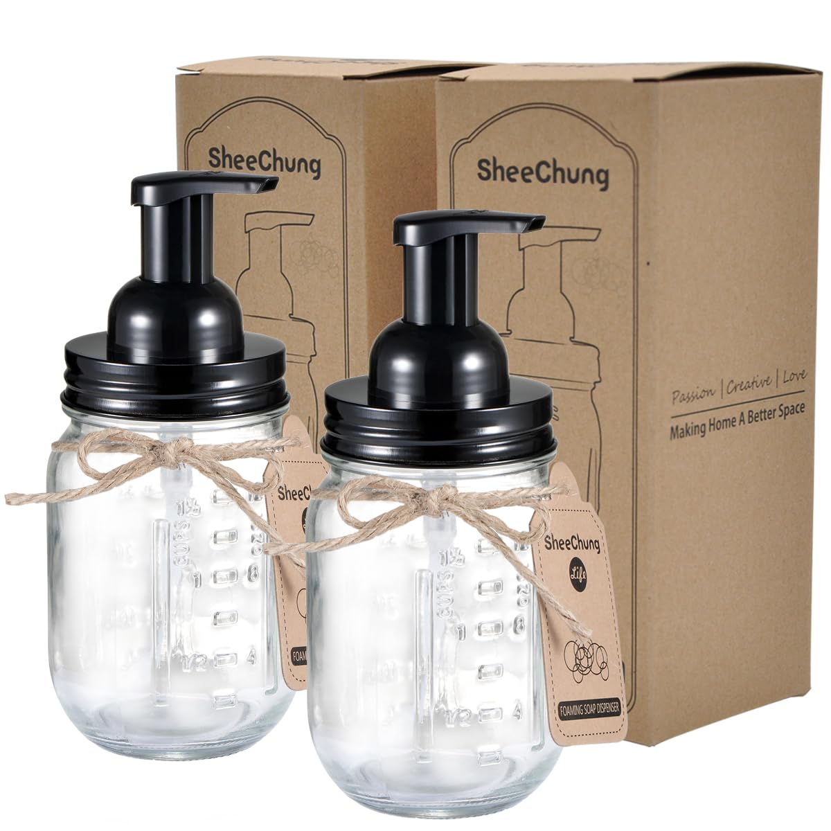 SheeChung Mason Jar Foaming Soap Dispenser - Rustproof Stainless Steel Lid&Foaming Soap Pump,Best Hand Foam Soap Dispenser Glass for Bathroom Vanities or Kitchen Sink,Countertops - Black (2 pk)