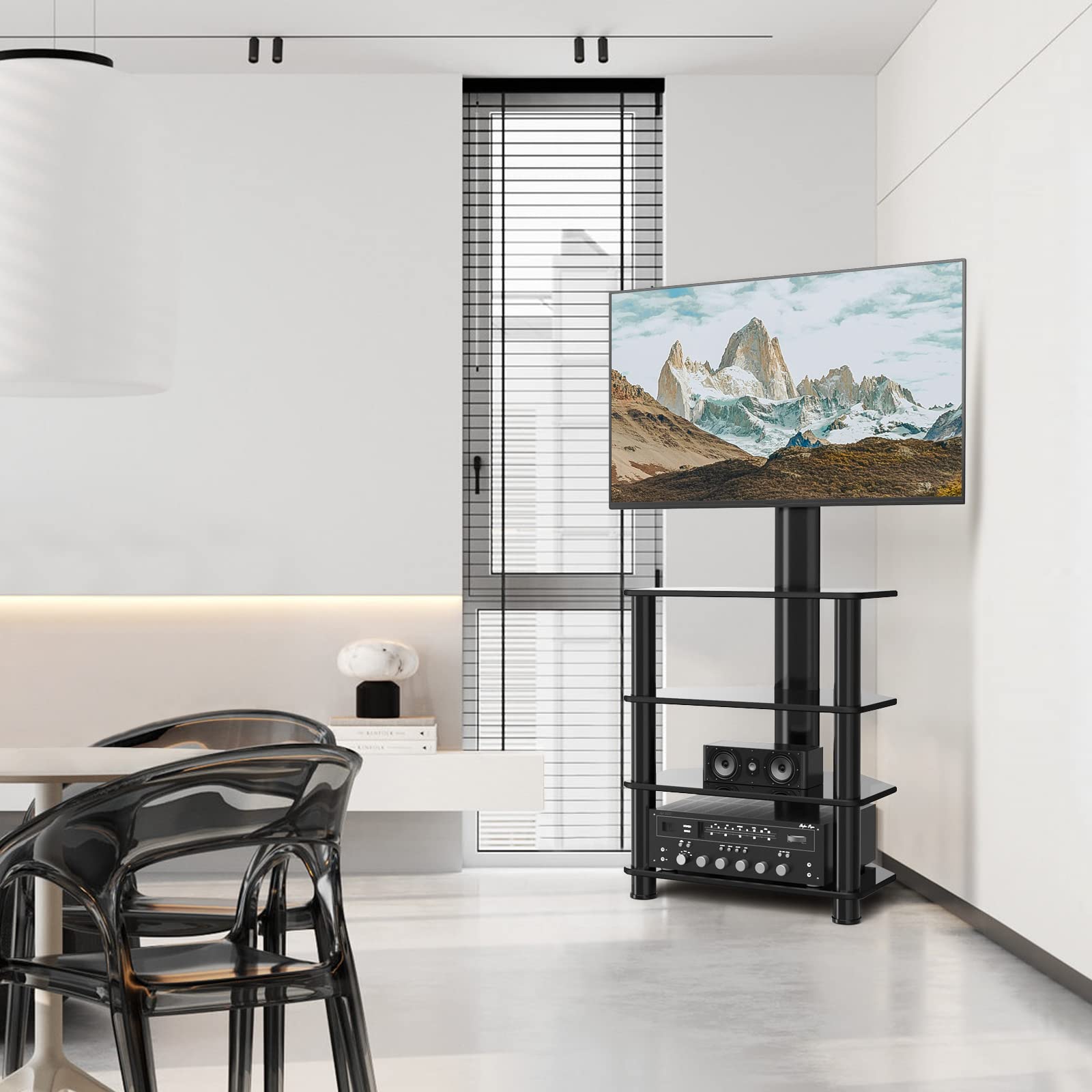 Rfiver Swivel TV Stand with Mount for 32"-70" Flat Screen, Slim Corner Entertainment Floor TV Mount with 4-Tier Tempered Glass Media Shelves, Height Adjustable and Cable Management