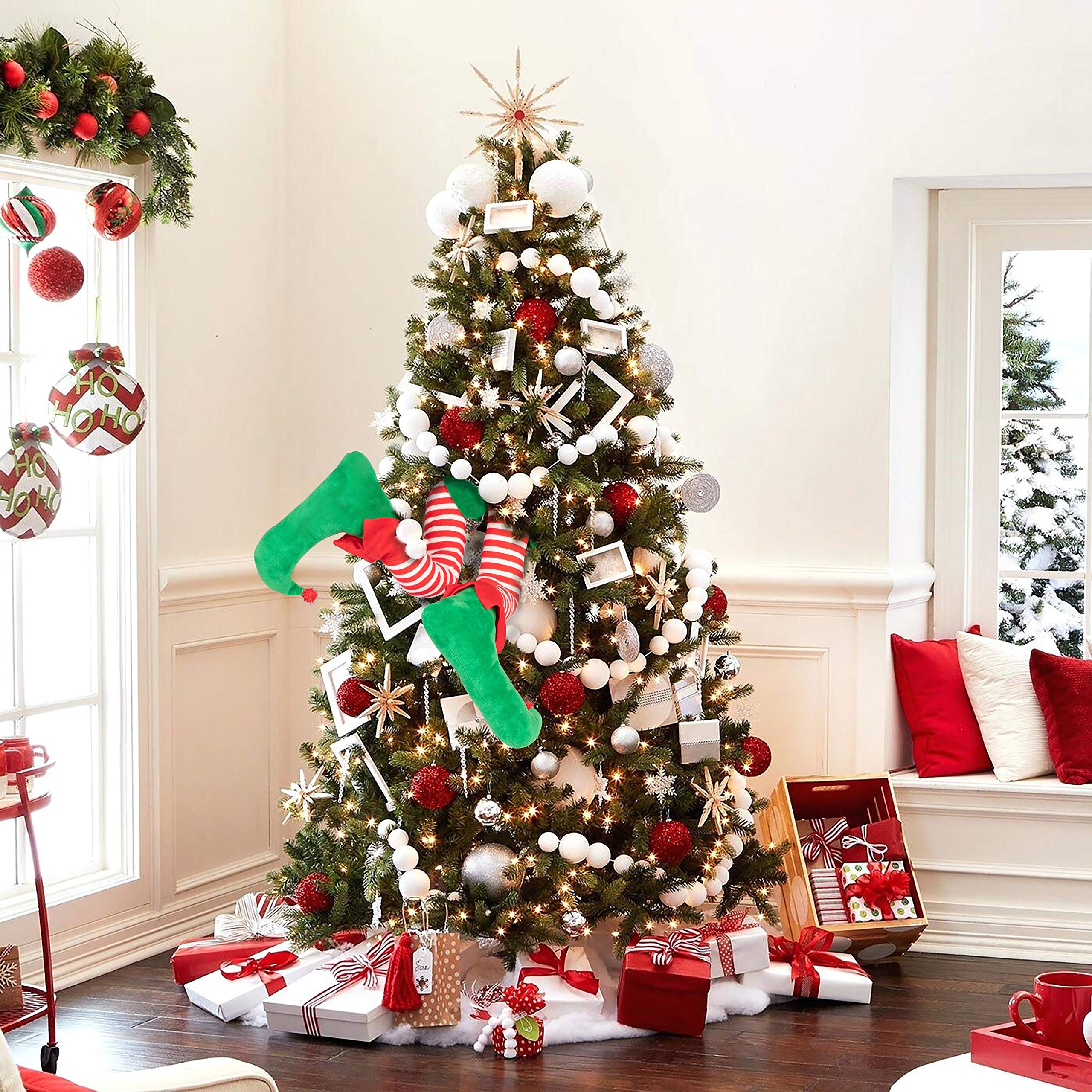 Geefuun 23β Christmas Elf Stuffed Legs Stuck Tree Topper Decorations -Xmas Holiday Indoor Outdoor Decor Party Ornaments and Decorations