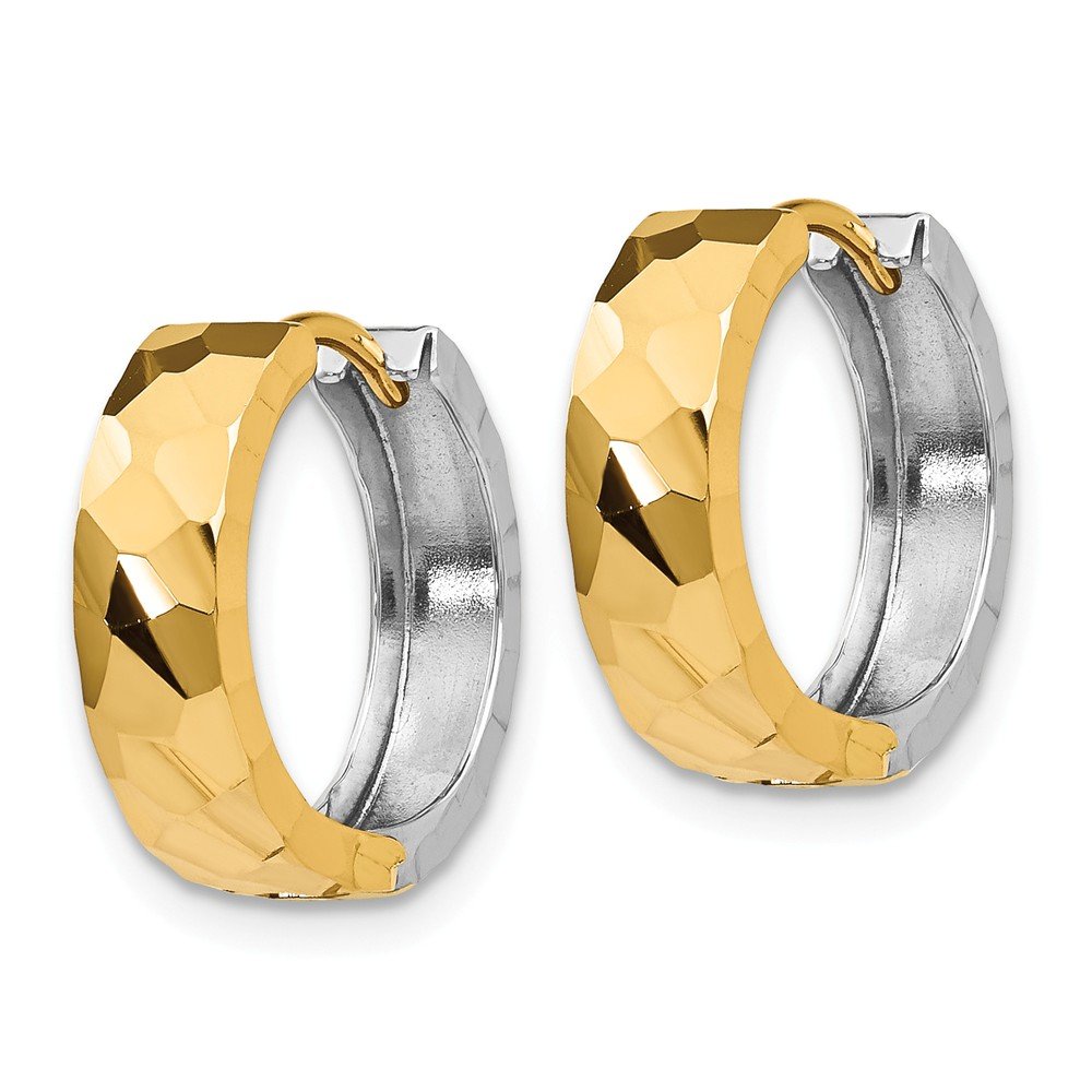14k Yellow and White Gold Two Tone Textured Hinged Hoop Huggie Earrings - 14mm x 15mm