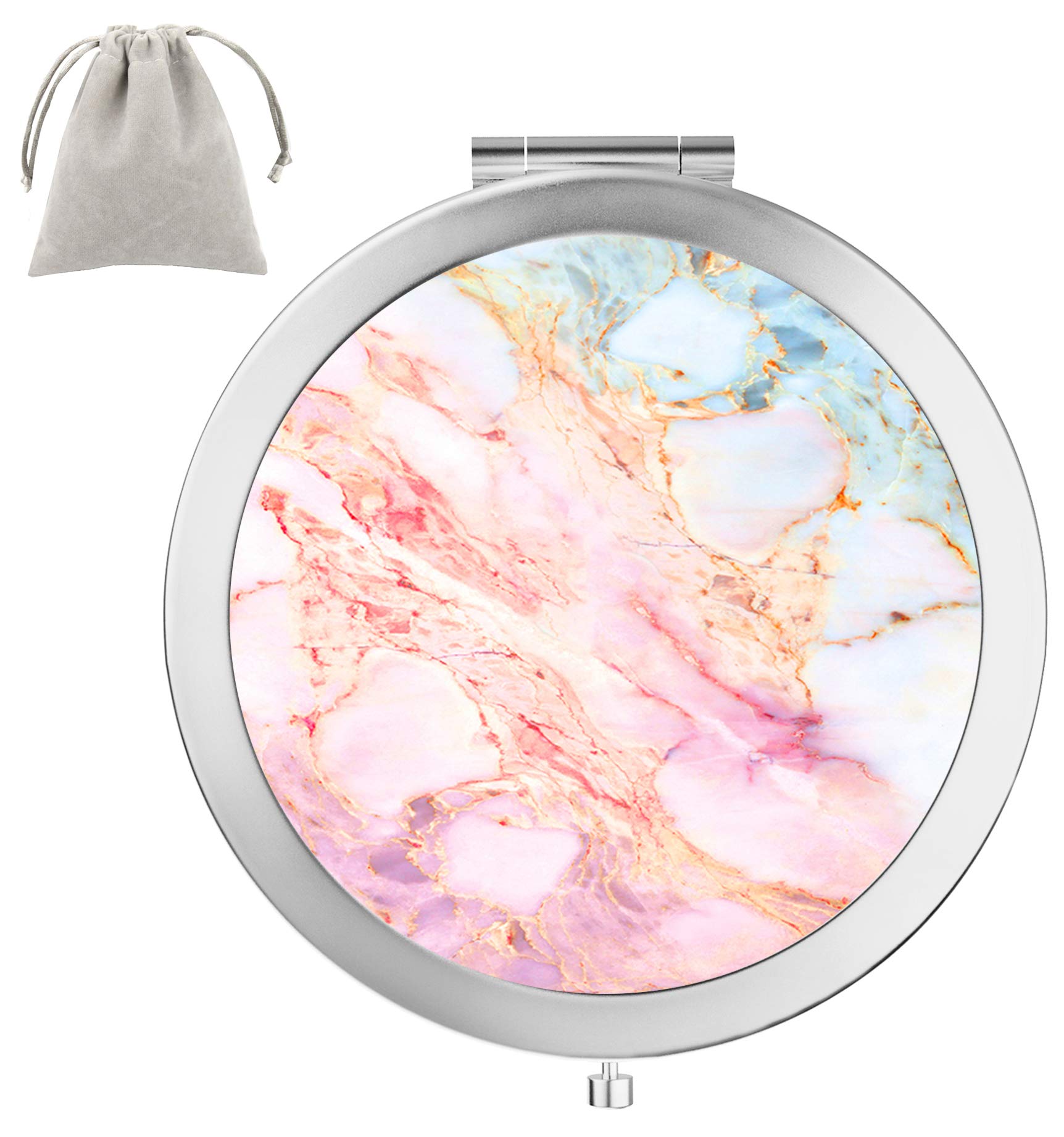 Dynippy Compact Mirror Round Makeup Mirror Folding Mini Pocket Mirror Portable Hand Mirror Double-Sided with 2 x 1x Magnification for Woman Mother Great Gift (Pink Marble)