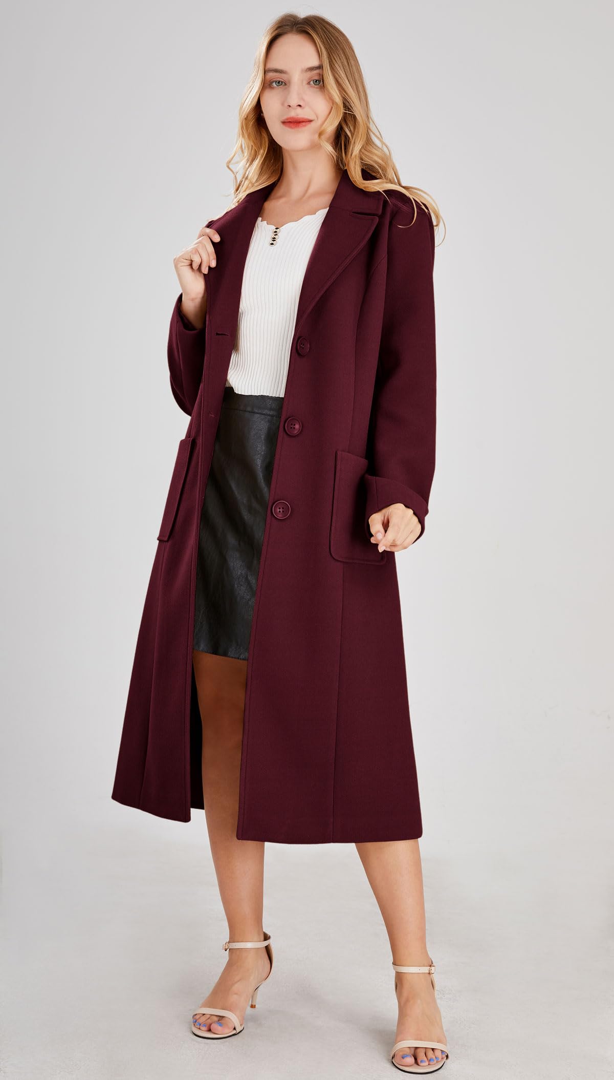 chouyatou Women's Big Notch Lapel Single Breasted Mid-Long Wool Blend Coat (Large, Wine Red)