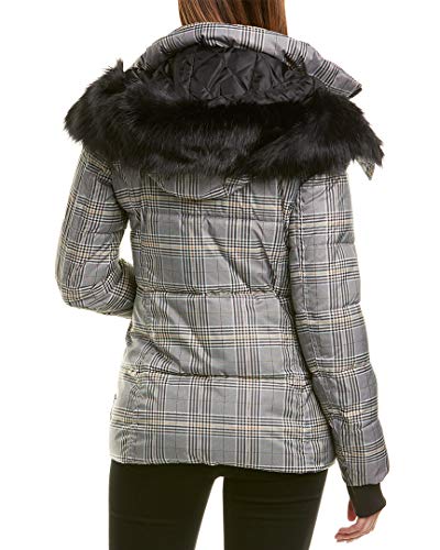 French Connection Women's Faux-Fur Trim Menswear Statement Puffer, Khaki Multi Plaid, X-Large