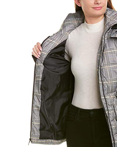 French Connection Women's Faux-Fur Trim Menswear Statement Puffer, Khaki Multi Plaid, X-Large