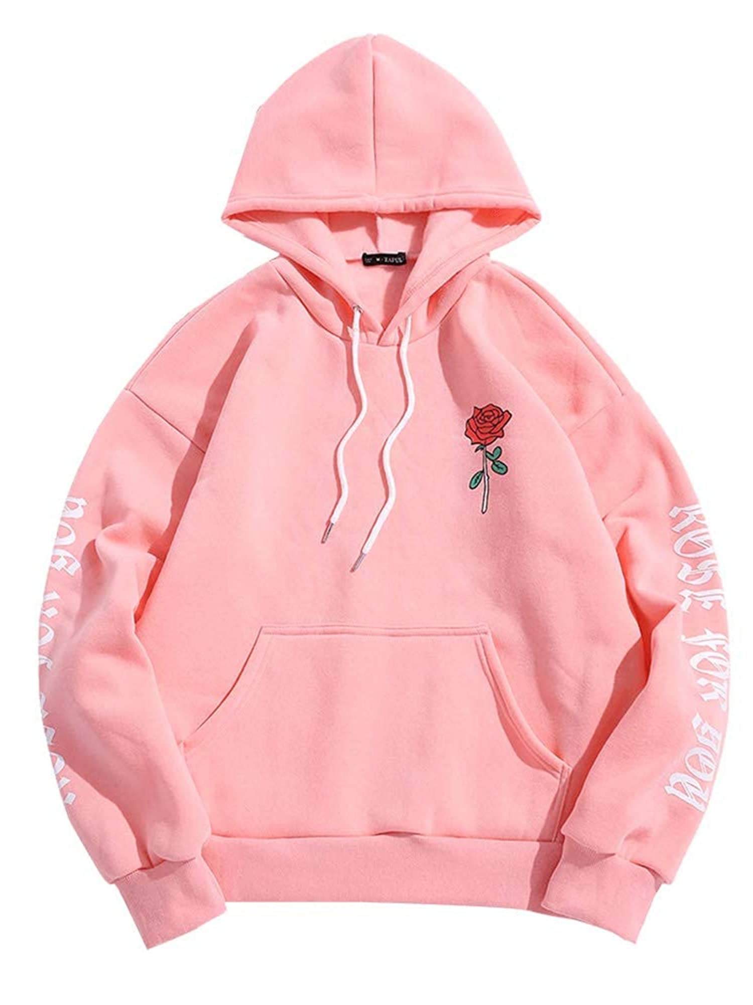 ZAFUL Men's Fleece Hoodie Unisex Rose Letter Print Hooded Pullover Kangaroo Pocket Sweatshirt Pink L