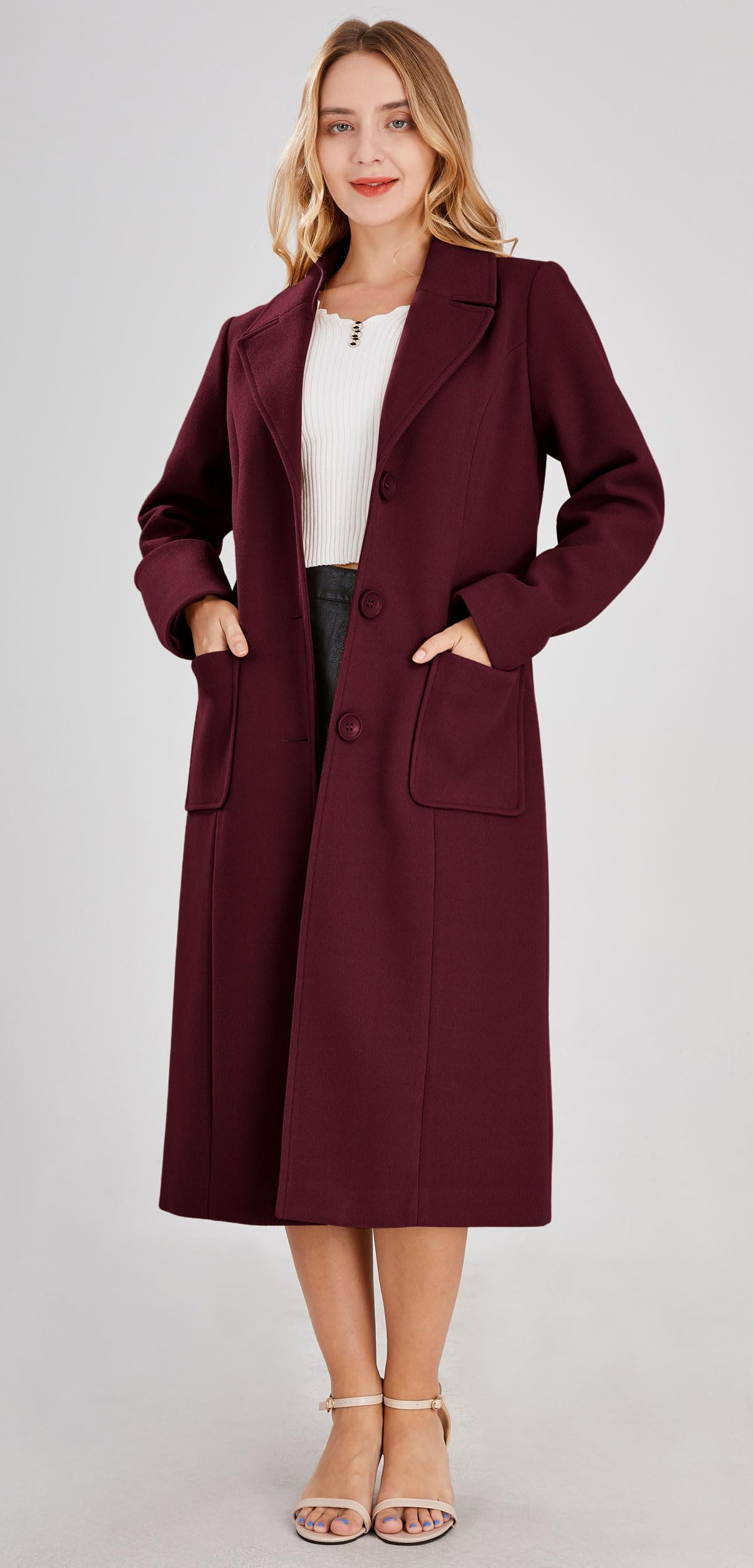 chouyatou Women's Big Notch Lapel Single Breasted Mid-Long Wool Blend Coat (Large, Wine Red)