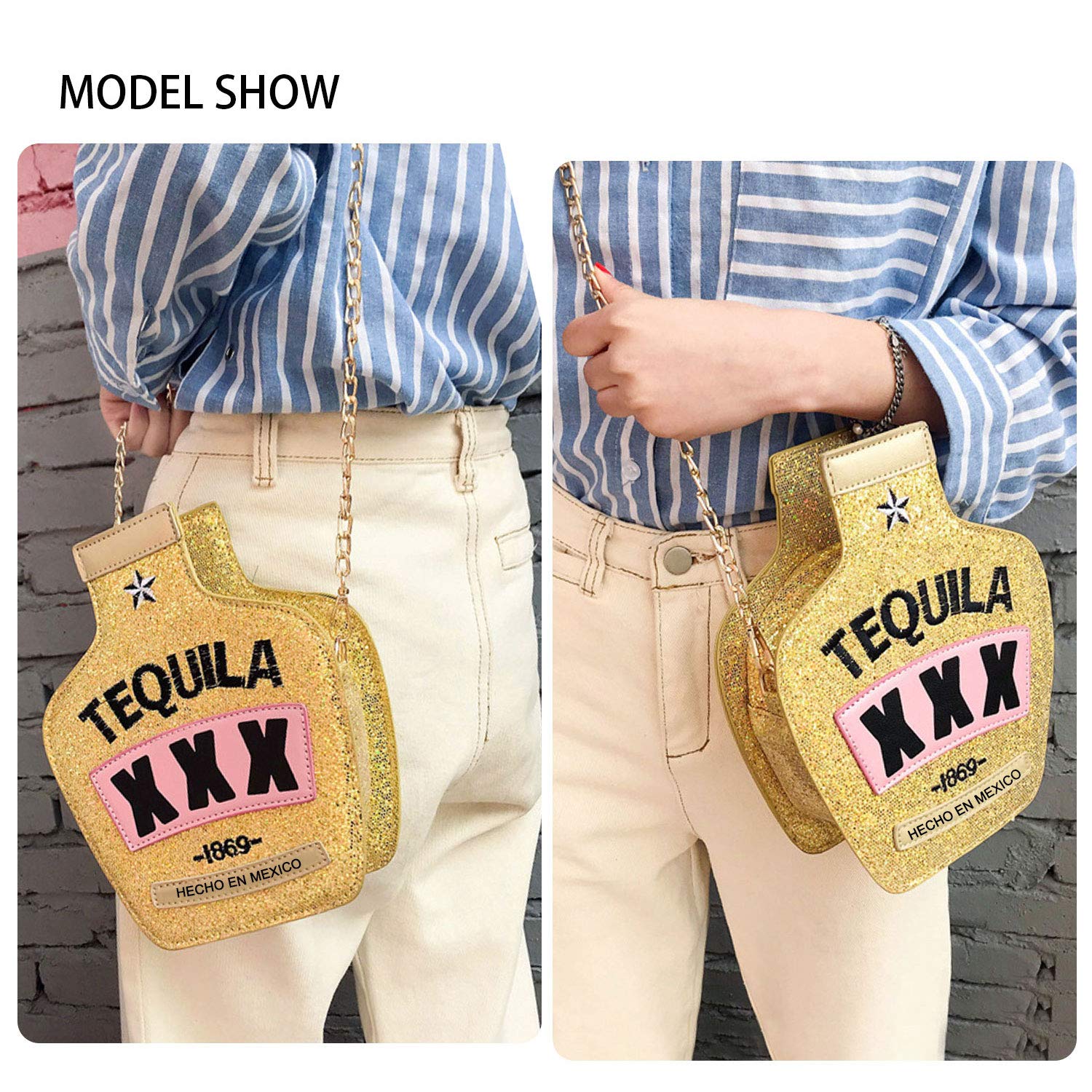 Lanpet Women Sequins Cross Body Bag Bottle Shaped Evening Chain Strap Shoulder Bag