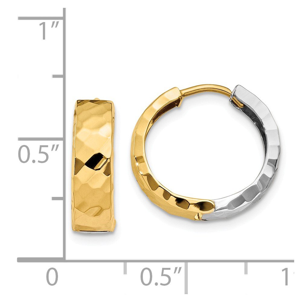 14k Yellow and White Gold Two Tone Textured Hinged Hoop Huggie Earrings - 14mm x 15mm