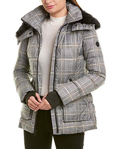 French Connection Women's Faux-Fur Trim Menswear Statement Puffer, Khaki Multi Plaid, X-Large