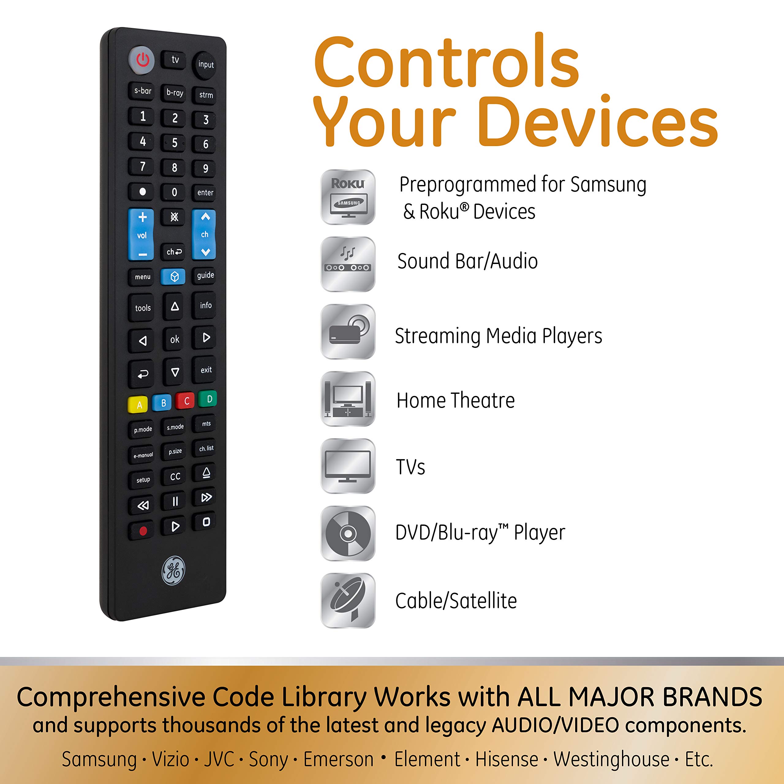 GE Samsung Replacement Remote, Universal Remote Control Compatible for Roku, Apple TV, Smart TV, Soundbar, Streaming Player, Blu Ray, DVD, DVR, 4 Device, Black, 44235