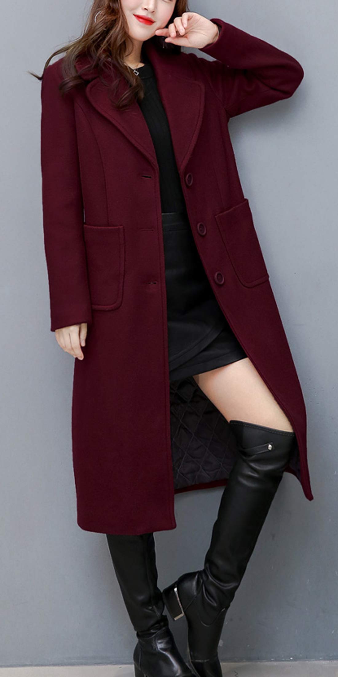 chouyatou Women's Big Notch Lapel Single Breasted Mid-Long Wool Blend Coat (Large, Wine Red)