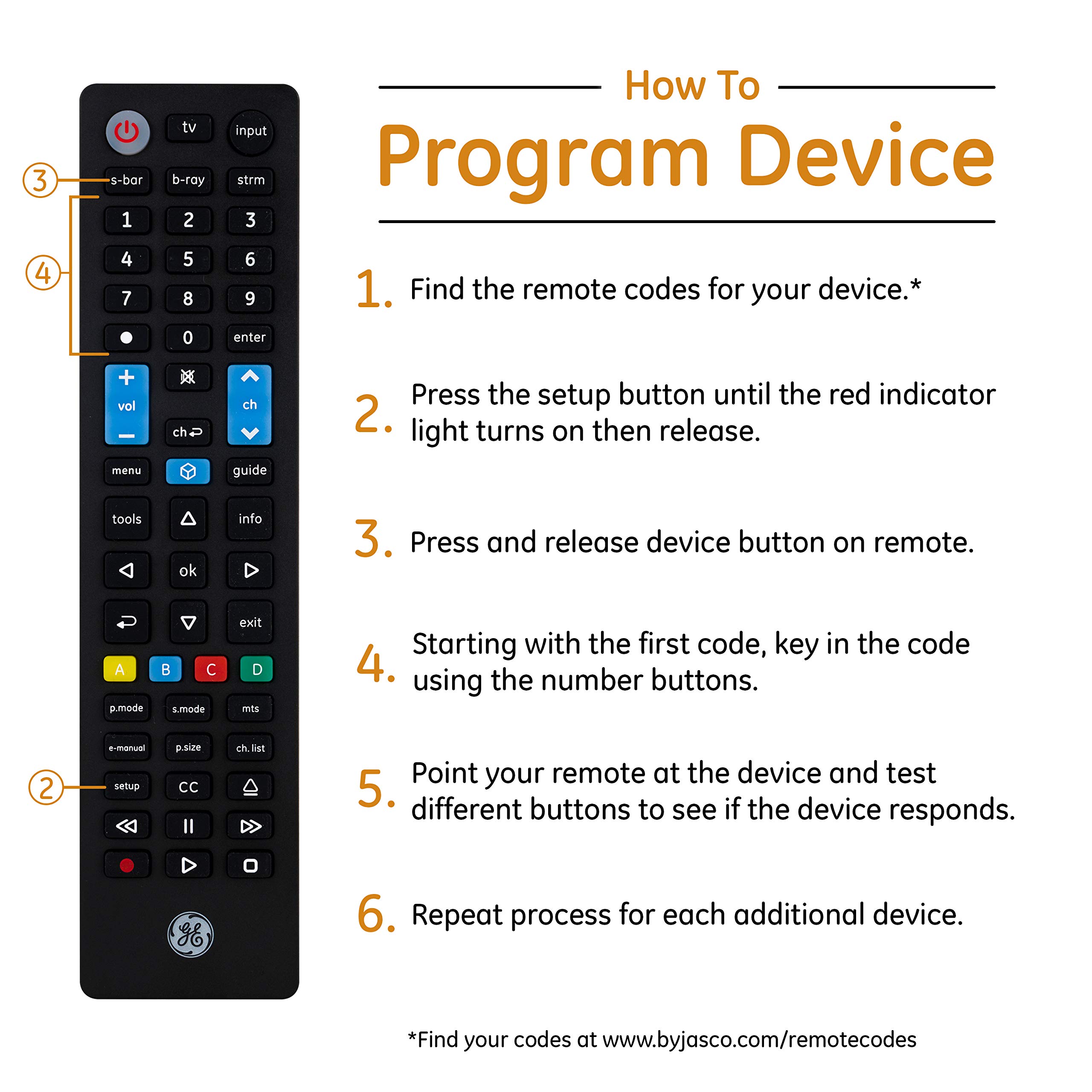 GE Samsung Replacement Remote, Universal Remote Control Compatible for Roku, Apple TV, Smart TV, Soundbar, Streaming Player, Blu Ray, DVD, DVR, 4 Device, Black, 44235
