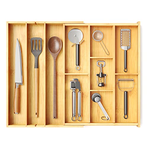 SpaceAid Bamboo Utensil Drawer Organizer with Labels, Kitchen Silverware Expandable Tray Holder Organizer for Flatware, Cutlery, Spoon and Knives Drawer Storage Organization (Natural)