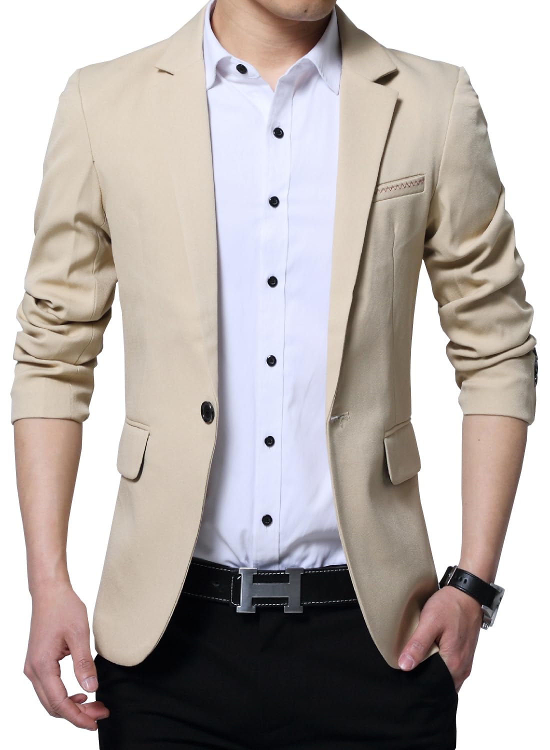 DAVID.ANN Men's Casual Blazer Jacket Slim Fit Sport Coats Lightweight One Button Suit Jacket,#1 Khaki,Small