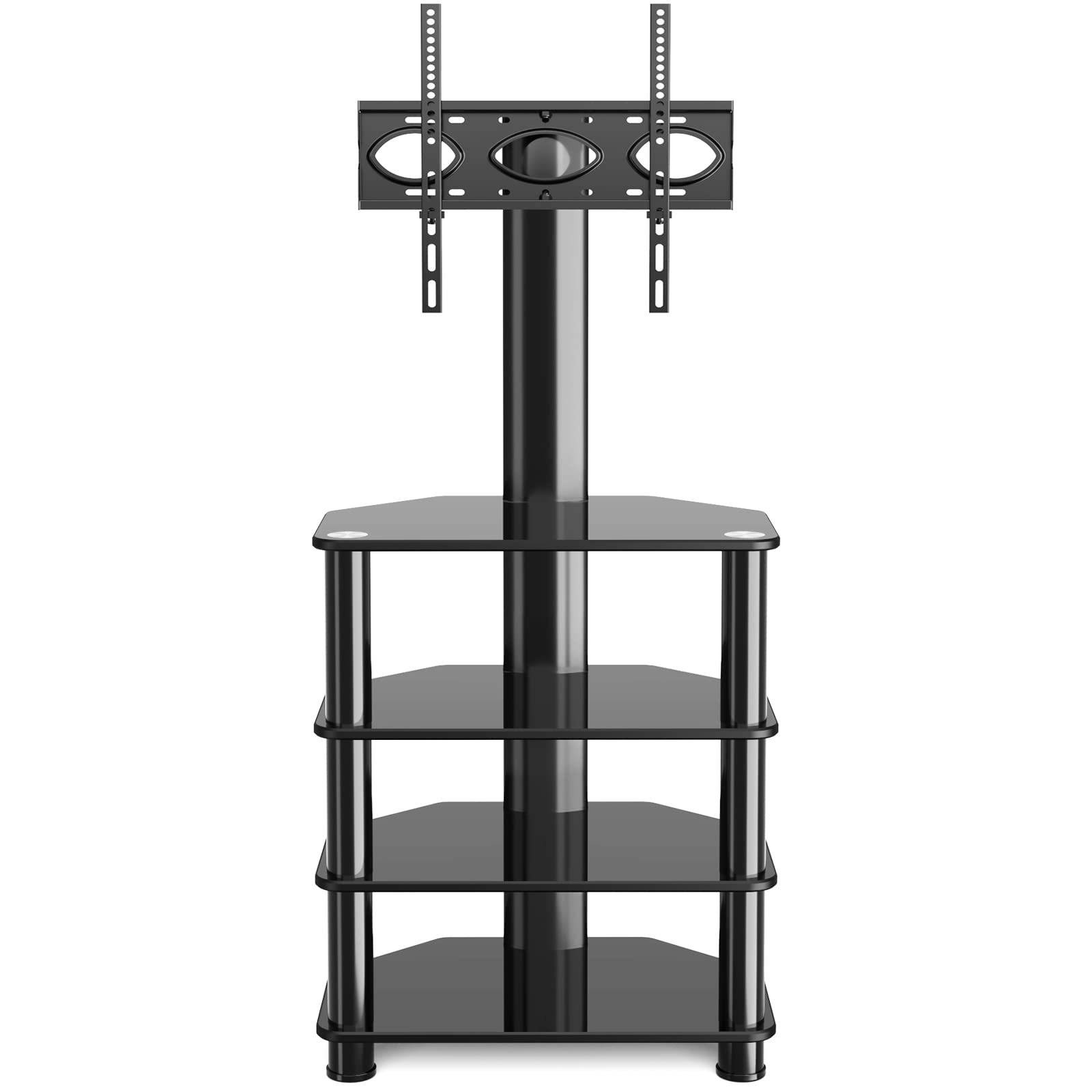Rfiver Swivel TV Stand with Mount for 32"-70" Flat Screen, Slim Corner Entertainment Floor TV Mount with 4-Tier Tempered Glass Media Shelves, Height Adjustable and Cable Management