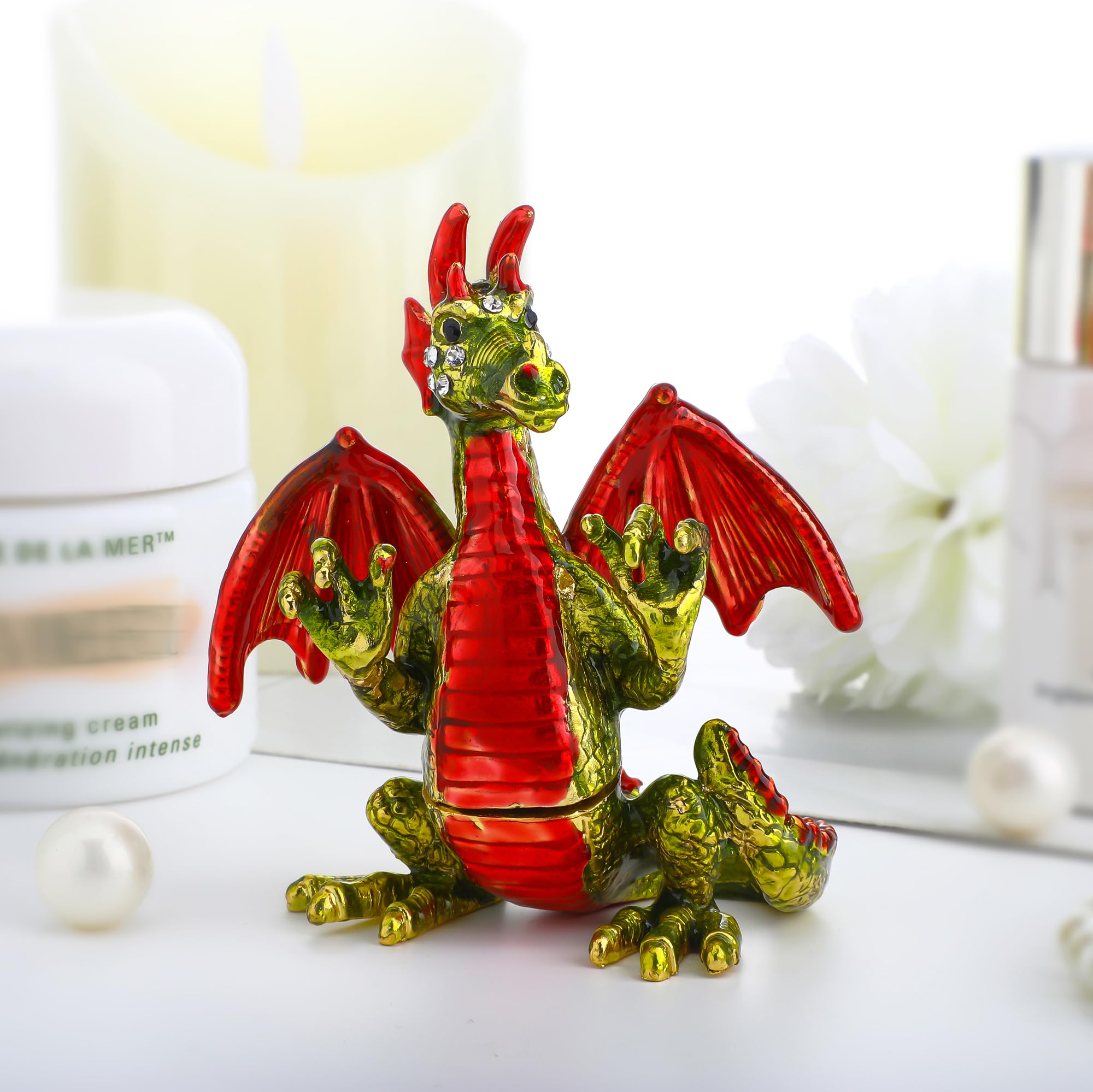 YU FENG Cute Red Pterosaur Trinket Boxes Hinged Crystal Jeweled Dinosaur Animal Figurines Jewelry Display Ring Holder Box