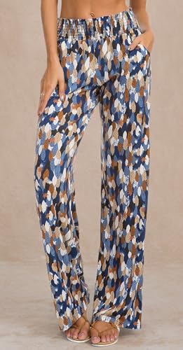 Urban CoCo Women's Boho Palazzo Pants Wide Leg Beach Pants High Waisted Lounge Pants with Pockets(S, 9)