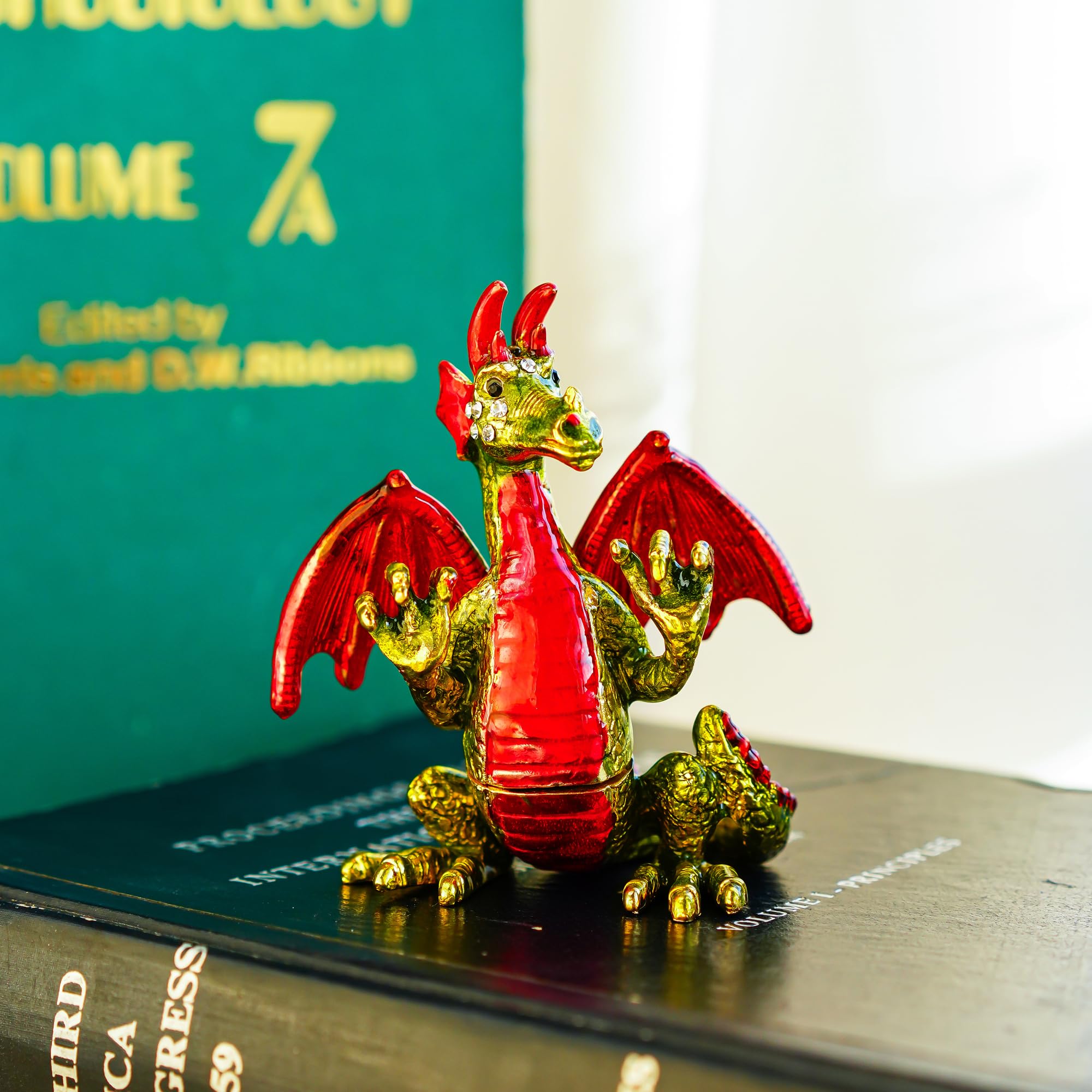 YU FENG Cute Red Pterosaur Trinket Boxes Hinged Crystal Jeweled Dinosaur Animal Figurines Jewelry Display Ring Holder Box