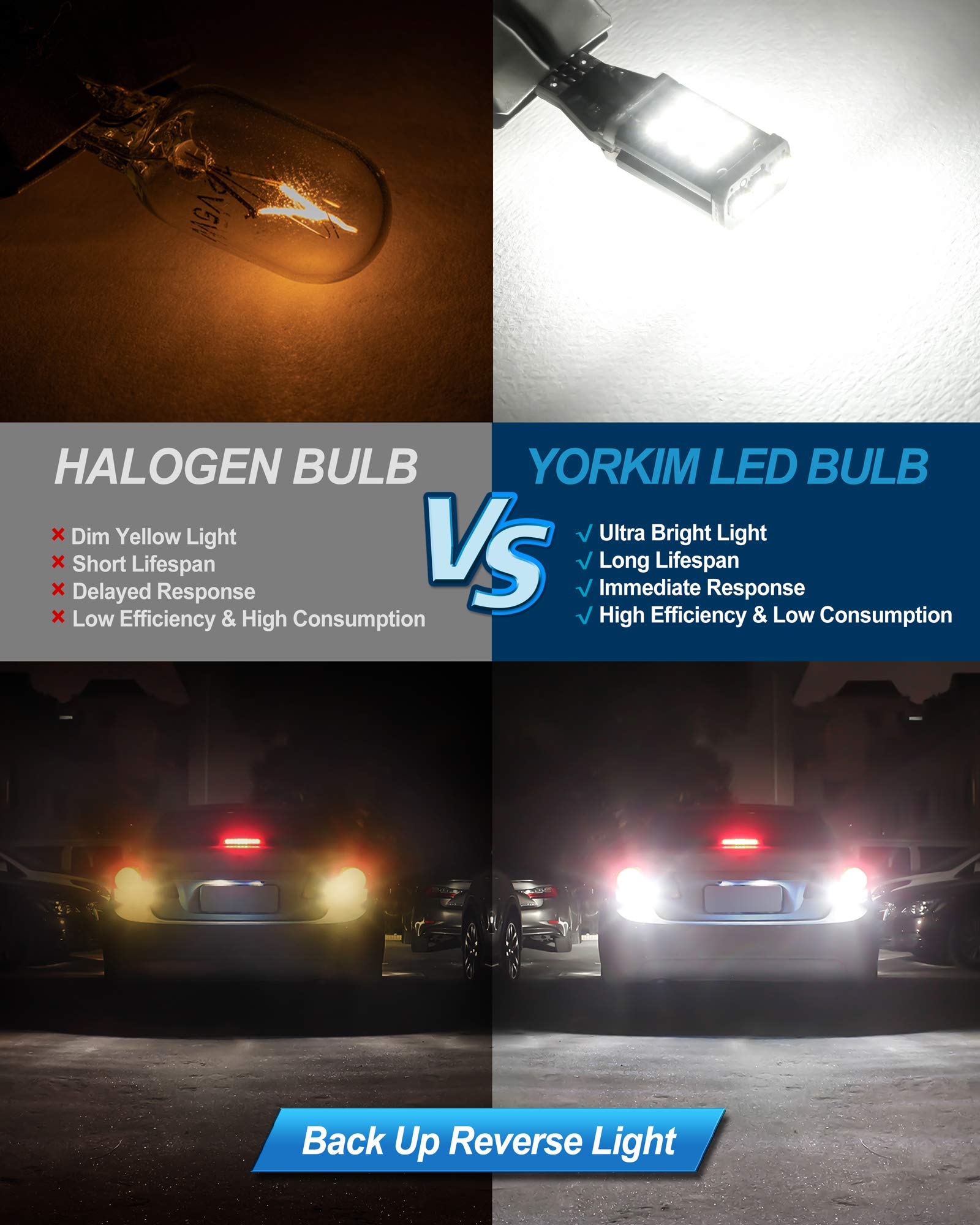 Yorkim 921 LED Bulb 6000K White 921 led reverse lights Bright 21-SMD 2835 Chips Error Free T15 led Backup Light Bulbs 906 904 902 W16W 912 led lights for car, Pack of 2