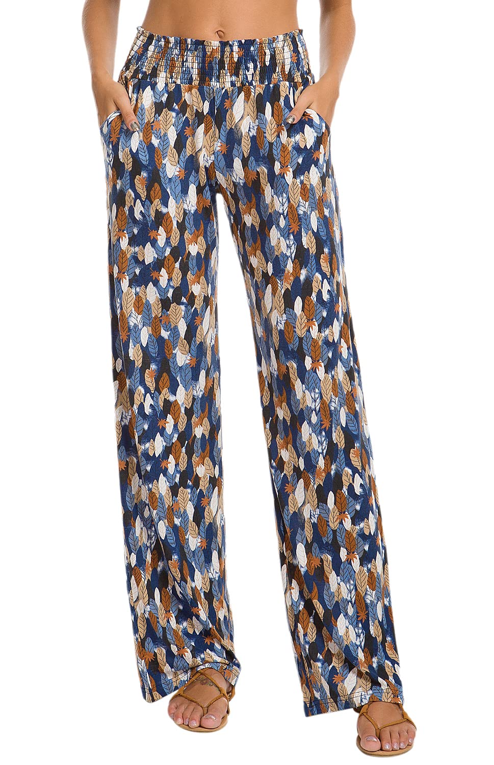 Urban CoCo Women's Boho Palazzo Pants Wide Leg Beach Pants High Waisted Lounge Pants with Pockets(S, 9)