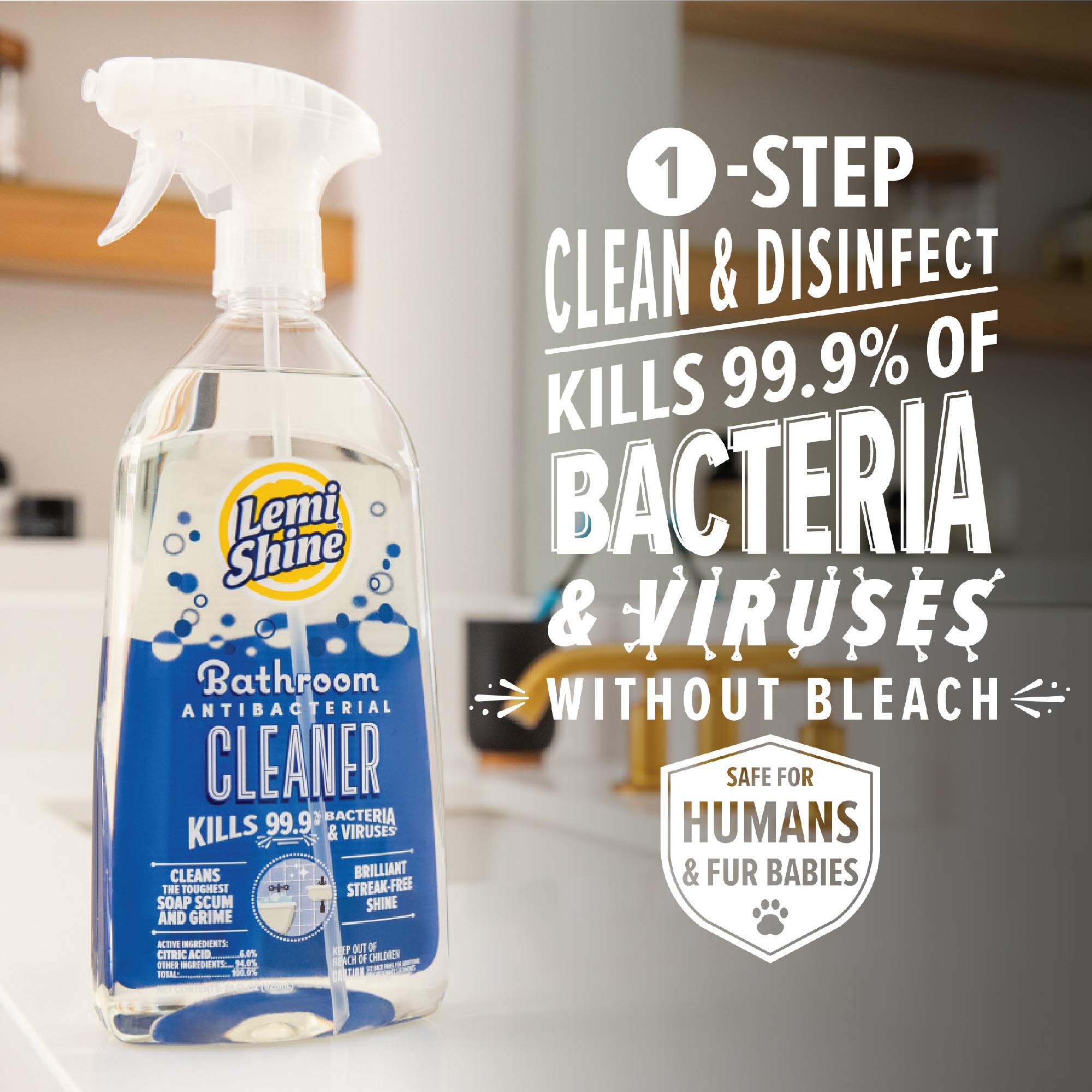Lemi Shine Bathroom Disinfecting Spray | Antibacterial Bathroom Cleaner for Tub, Shower, Sink, and Tile Cleaning | Kills Over 99.9% of Bacteria & Viruses | Powered By Citric Acid, 28 oz. (3 Pack)