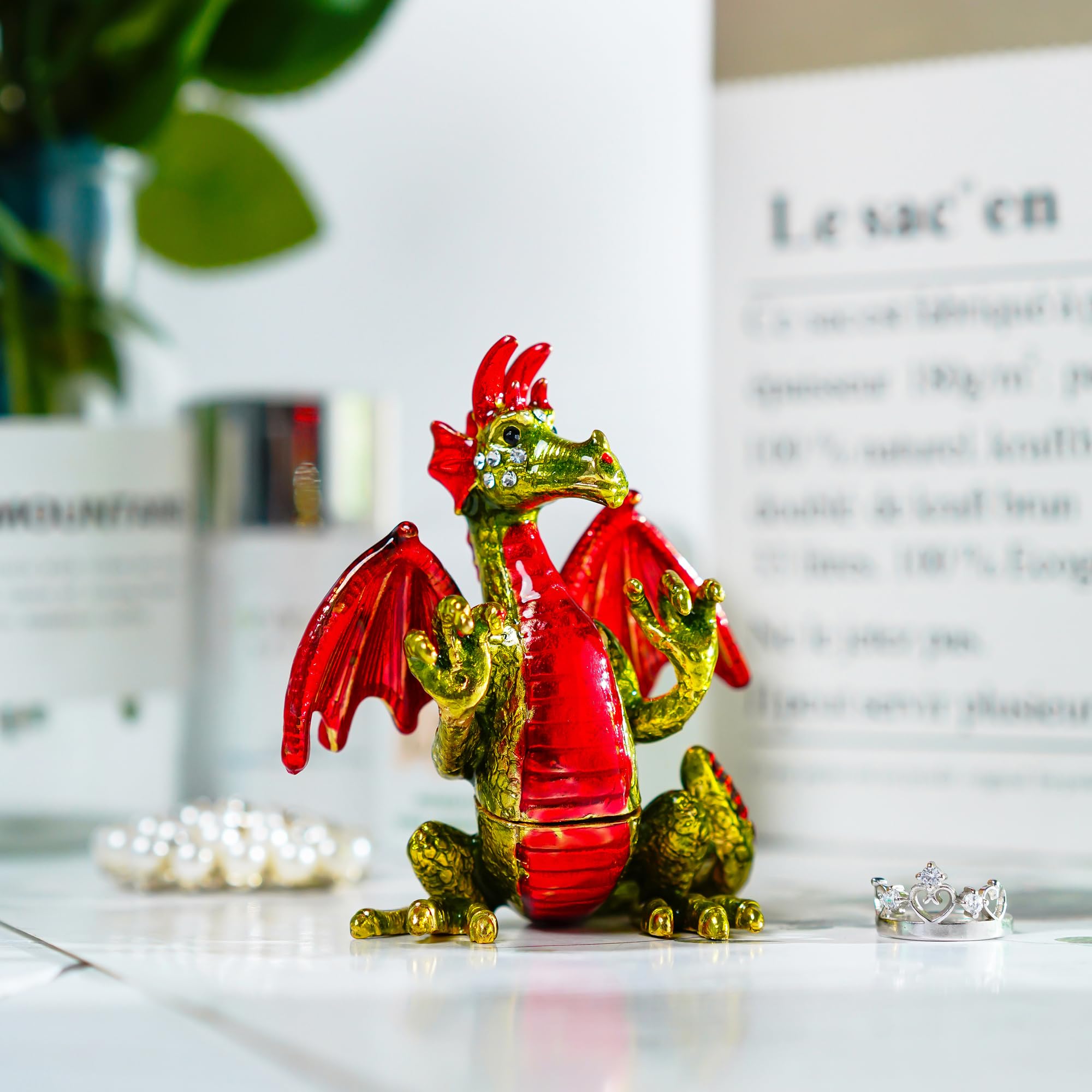 YU FENG Cute Red Pterosaur Trinket Boxes Hinged Crystal Jeweled Dinosaur Animal Figurines Jewelry Display Ring Holder Box