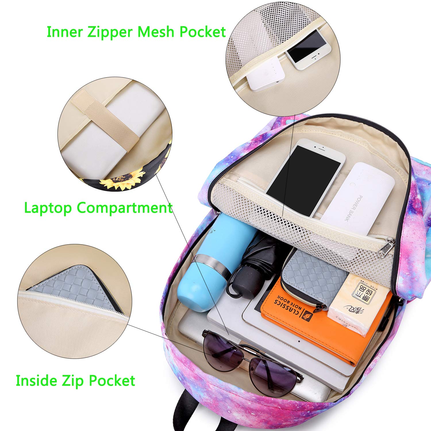 abshoo Lightweight Water Resistant Galaxy Backpacks for Teen Girls School Backpack with Lunch Bag (Galaxy Pink Set)