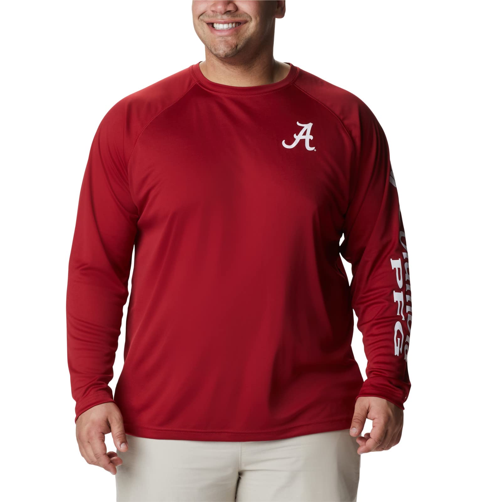 Columbia NCAA Alabama Crimson Tide Men's Terminal Tackle Long Sleeve Shirt, 6X Big, ALA - Red Velvet/White