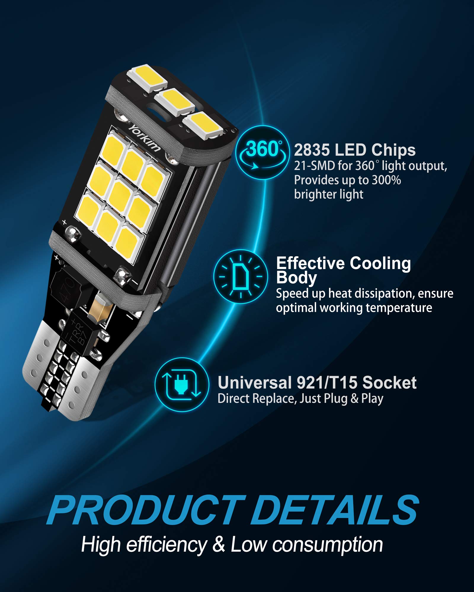 Yorkim 921 LED Bulb 6000K White 921 led reverse lights Bright 21-SMD 2835 Chips Error Free T15 led Backup Light Bulbs 906 904 902 W16W 912 led lights for car, Pack of 2