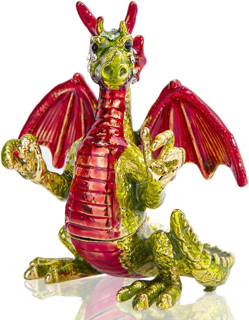 YU FENG Cute Red Pterosaur Trinket Boxes Hinged Crystal Jeweled Dinosaur Animal Figurines Jewelry Display Ring Holder Box