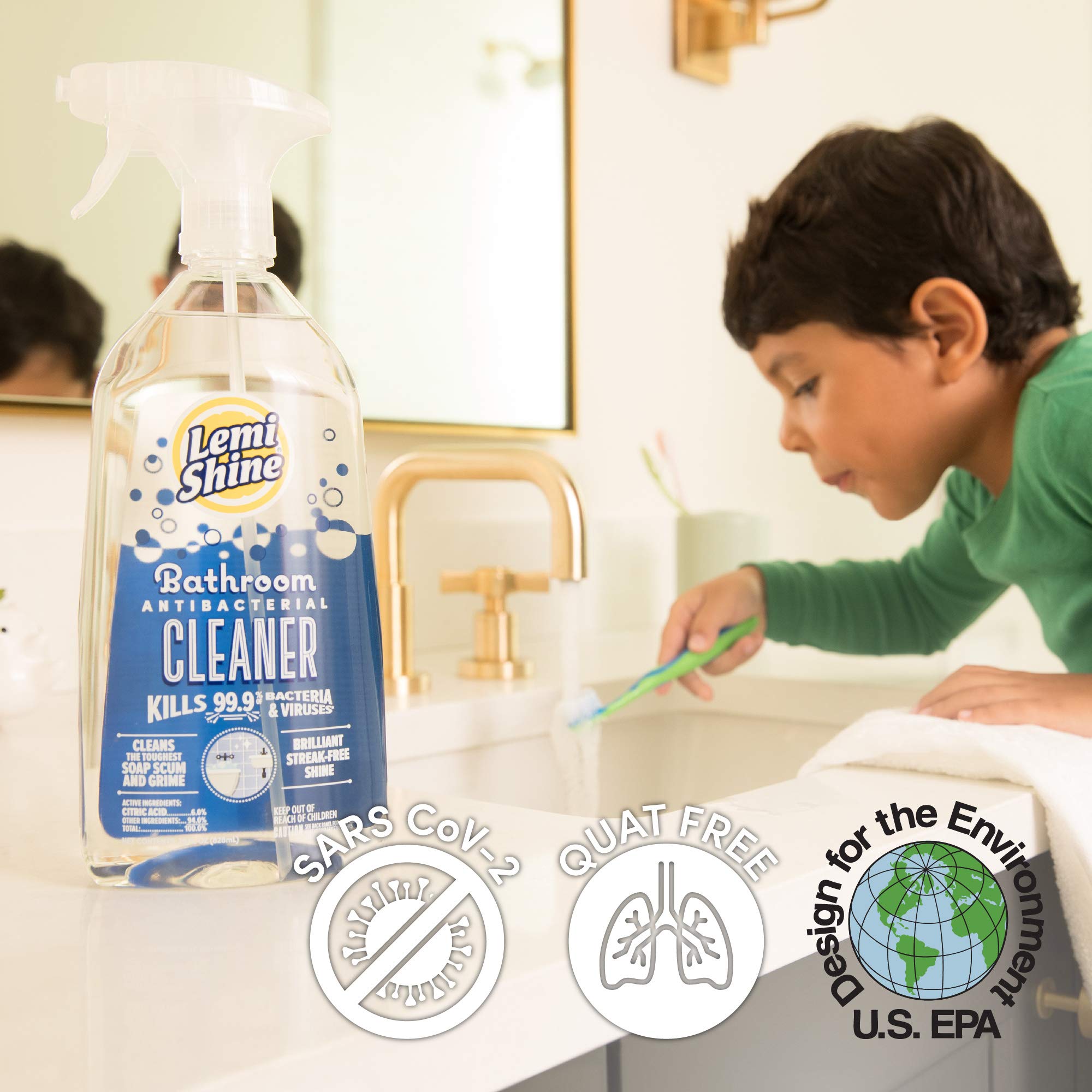 Lemi Shine Bathroom Disinfecting Spray | Antibacterial Bathroom Cleaner for Tub, Shower, Sink, and Tile Cleaning | Kills Over 99.9% of Bacteria & Viruses | Powered By Citric Acid, 28 oz. (3 Pack)