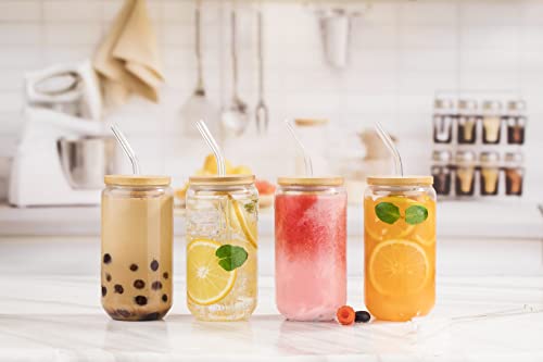 Glass Cups With Lids And Straws - 16oz Drinking Glasses 4pcs Set - Glass Coffee Cups With Lids And Straw β Iced Coffee Cups With Lids And Straws - Beer Can Glass With Lids And Straw - Cute Coffee Cups