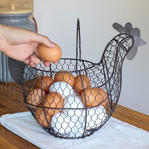 Rural365 Chicken Egg Holder - Brown Decorative Wire Basket with Handle Decor Wire Egg Basket for Kitchen or Living Room