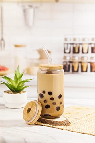 Glass Cups With Lids And Straws - 16oz Drinking Glasses 4pcs Set - Glass Coffee Cups With Lids And Straw β Iced Coffee Cups With Lids And Straws - Beer Can Glass With Lids And Straw - Cute Coffee Cups