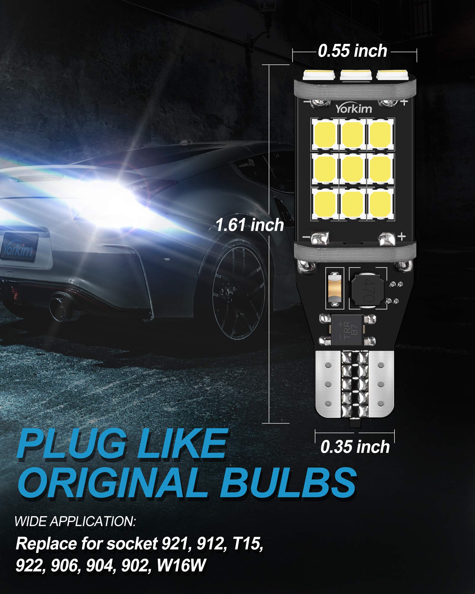 Yorkim 921 LED Bulb 6000K White 921 led reverse lights Bright 21-SMD 2835 Chips Error Free T15 led Backup Light Bulbs 906 904 902 W16W 912 led lights for car, Pack of 2