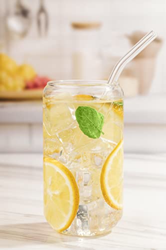 Glass Cups With Lids And Straws - 16oz Drinking Glasses 4pcs Set - Glass Coffee Cups With Lids And Straw β Iced Coffee Cups With Lids And Straws - Beer Can Glass With Lids And Straw - Cute Coffee Cups
