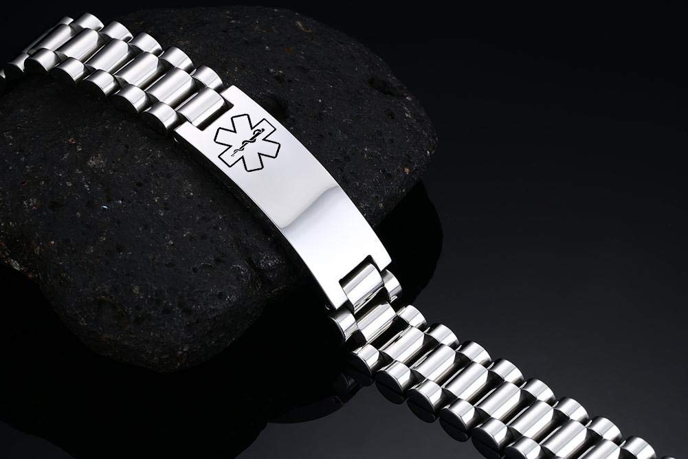 VNOX Customize Medical Emergency Jewelry 15.5MM Wide Metal Stainless Steel Watchband Link Bracelet,8.5" (Silver, *Custom Engraving)