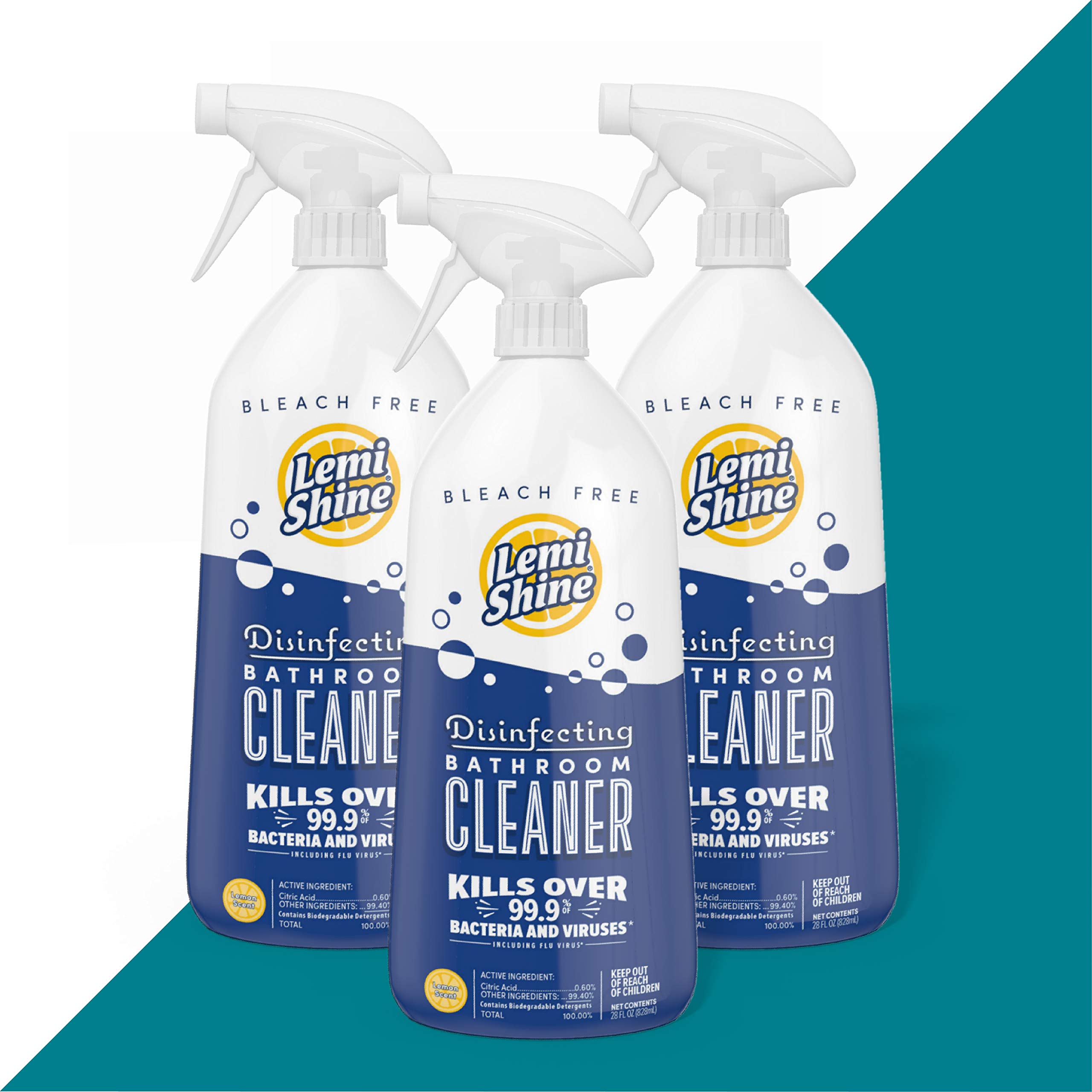 Lemi Shine Bathroom Disinfecting Spray | Antibacterial Bathroom Cleaner for Tub, Shower, Sink, and Tile Cleaning | Kills Over 99.9% of Bacteria & Viruses | Powered By Citric Acid, 28 oz. (3 Pack)
