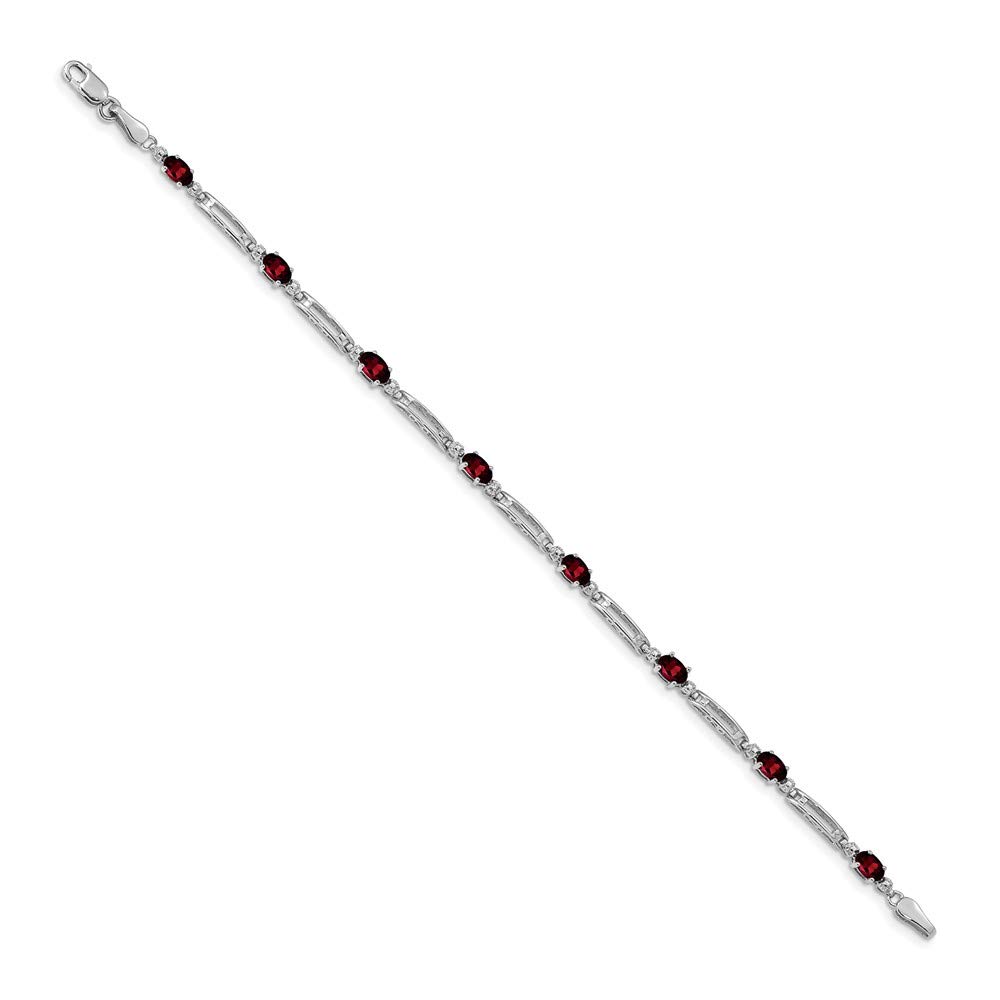 Solid 14k White Gold Diamond/Garnet January Red Gemstone Bracelet - with Secure Lobster Lock Clasp 7" (Width = 3mm)