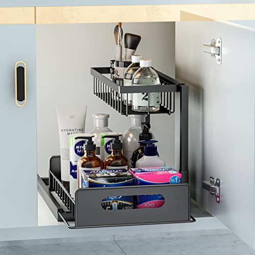 Under Sink Organizer - 2 Tier Bathroom Countertop Organizer Under Cabinet Storage for Kitchen, Under Sink Sliding Shelf Organizer Rack, Multi-Use Under Kitchen Sink Organizers and Storage