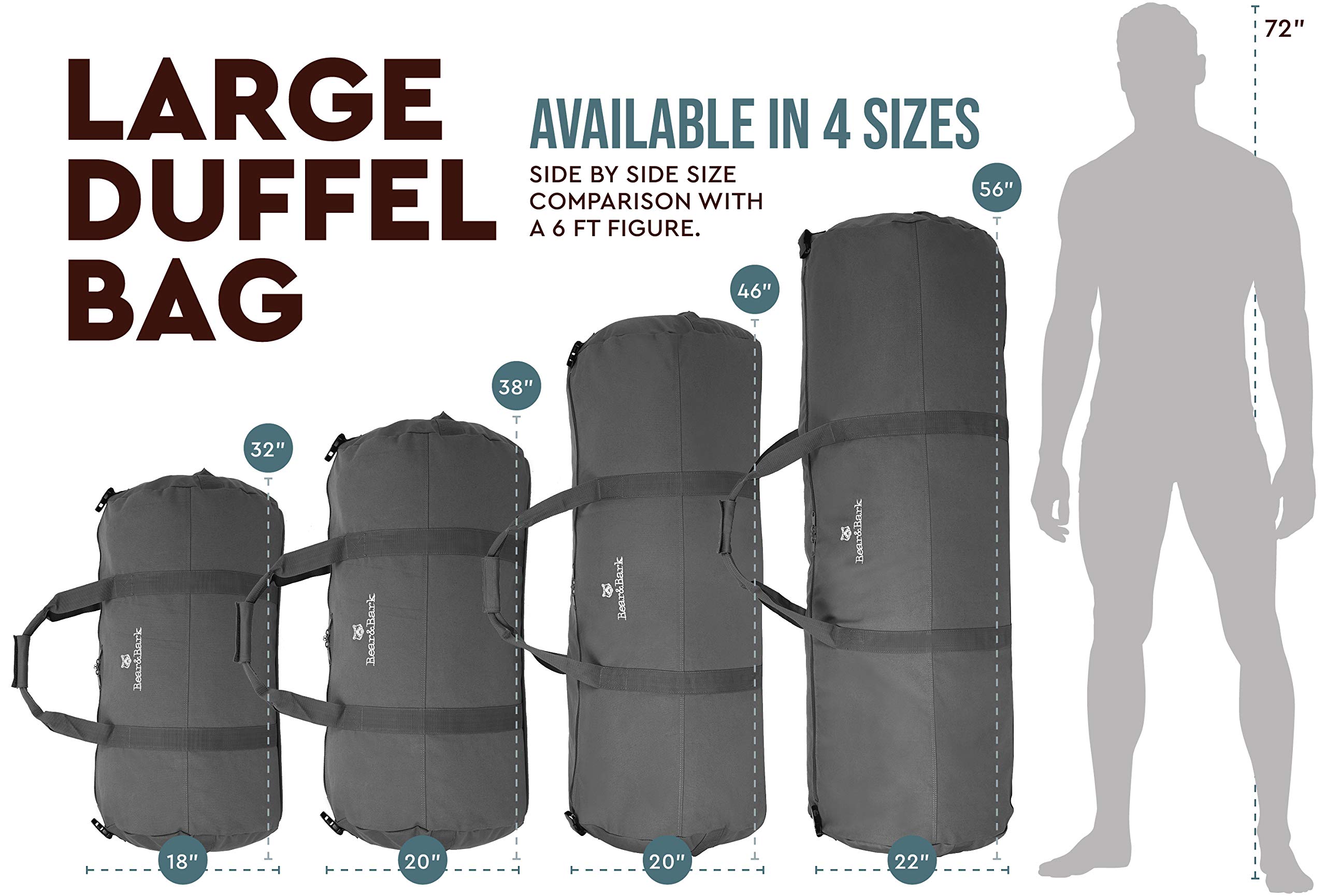 Extremely Large Duffle Bag - Grey 46" X 20"-Inch - 236.8L - Canvas Military and Army Cargo Style Duffel Tote for Men and Women - College Student, Backpacking, X-Large Travel and Storage Shoulder Bag
