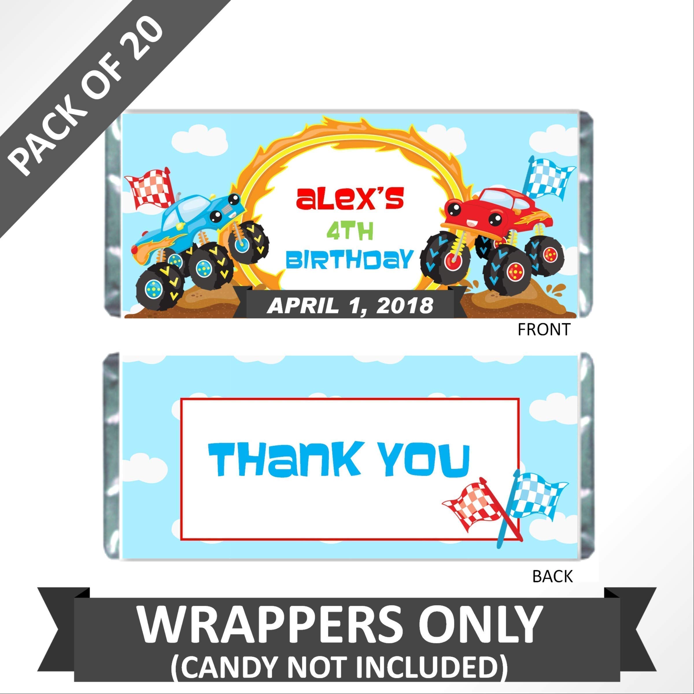 Monster Truck Party Favors for Kids Birthday, Personalized Candy Wrappers, Pack of 20 Custom Chocolate Bar Labels