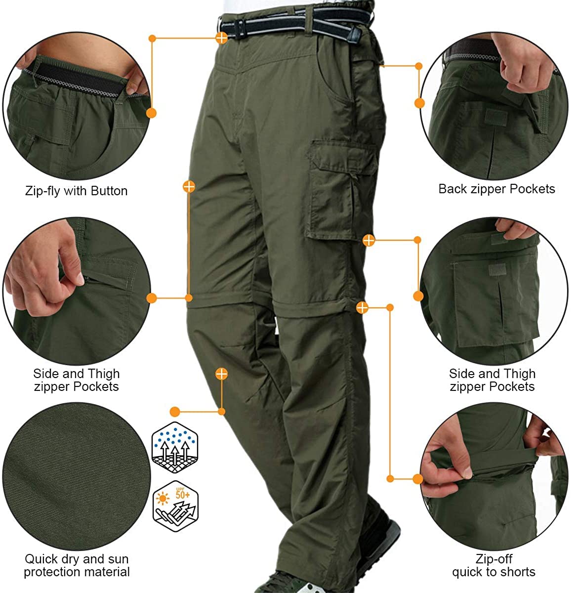 JOMLUN Men’s Hiking Pants Zip Off Cargo Pants Lightweight Quick Dry Convertible Outdoor Shorts Army Green